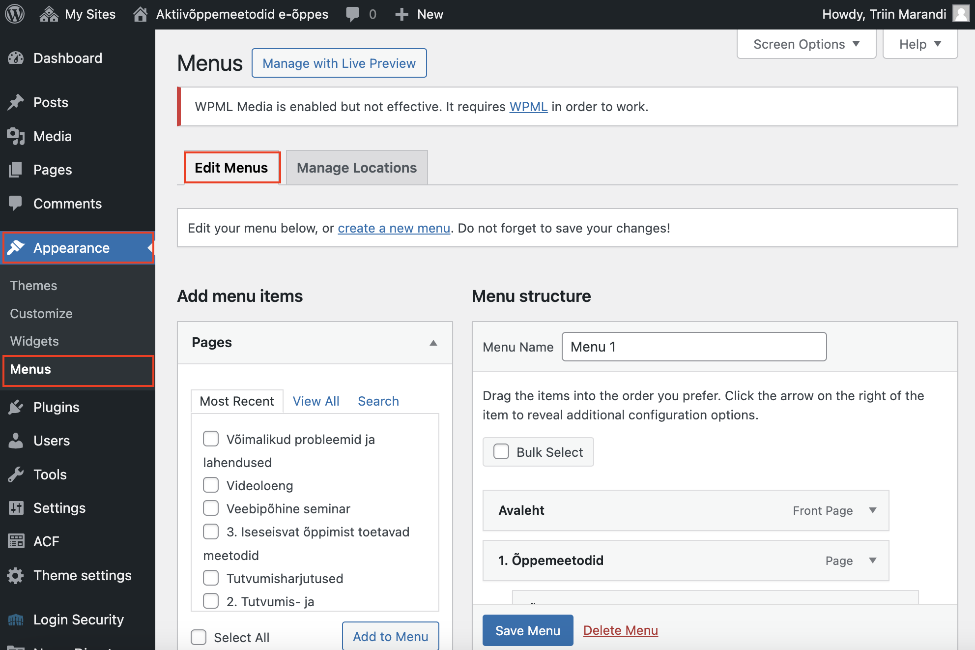 Managing menus – Guides for e-learning tools